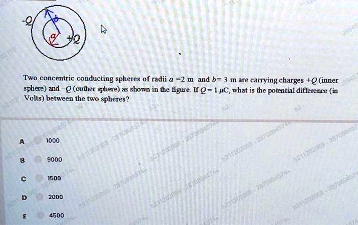 SOLVED: Texts: Two concentric conducting spheres of radii a = 2 m and b = 3 m are carrying ...