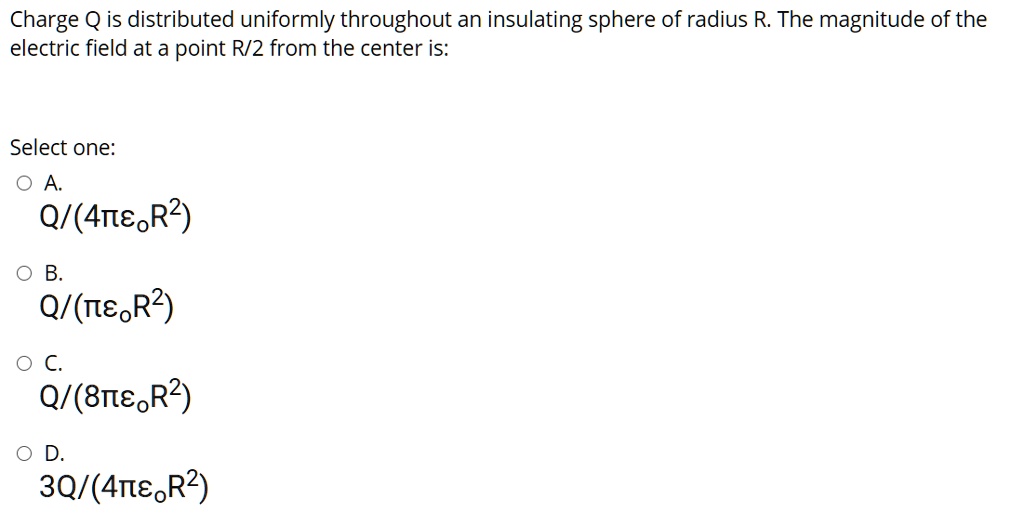 Charge Q is distributed uniformly throughout an insulating sphere of radius R. The magnitude of ...