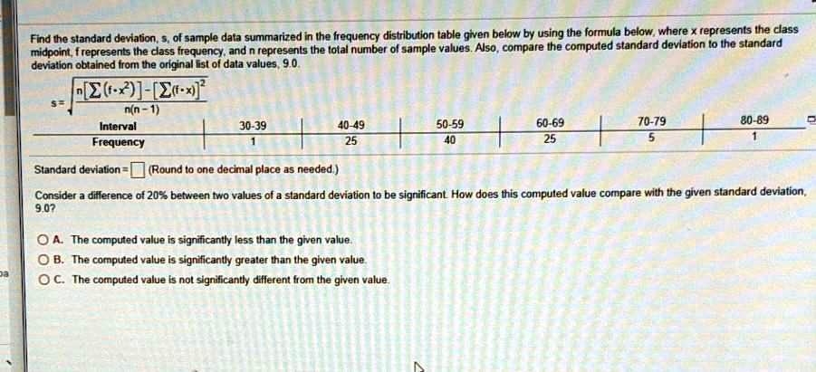 Solved Find Tho Standard Deviation Of Sample Data Summarized In The Frequency Distribution 