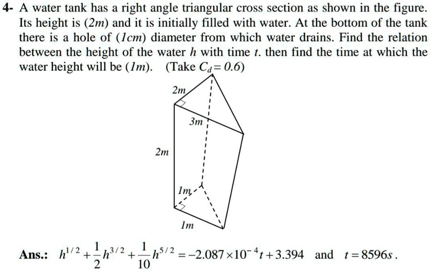 4 water tank has a right angle triangular cross section as shown in the ...