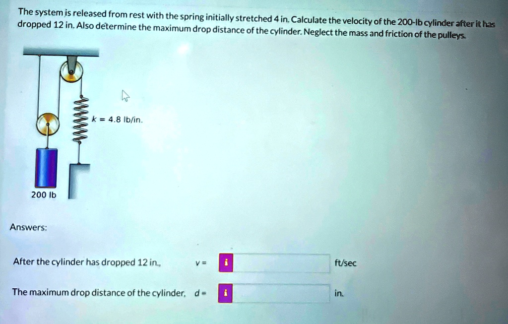 the system is released from rest with the spring initially stretched 4 in calculate the velocity ...
