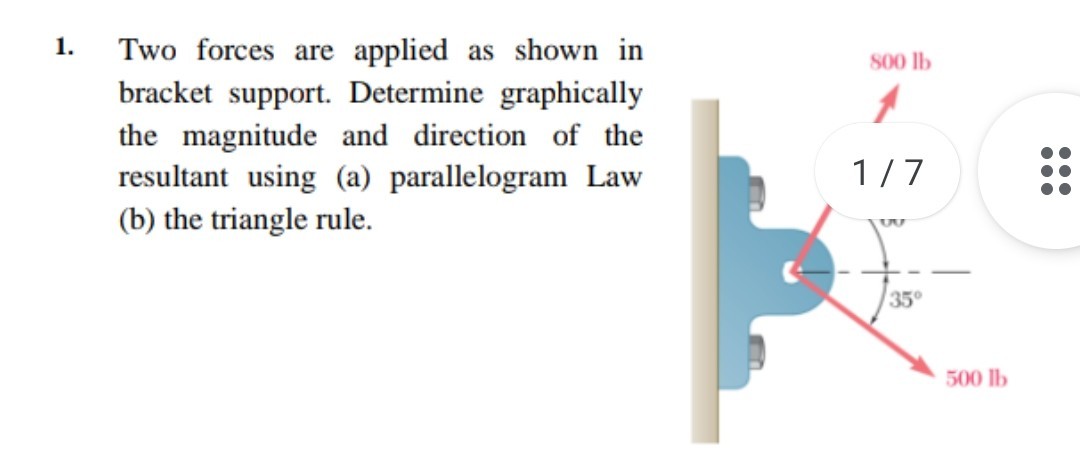 SOLVED: 1. Two forces are applied as shown in bracket support. Determine graphically the ...