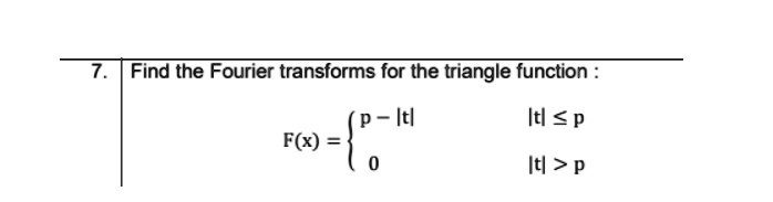 SOLVED: Find the Fourier transforms for the triangle function Itl Itl p