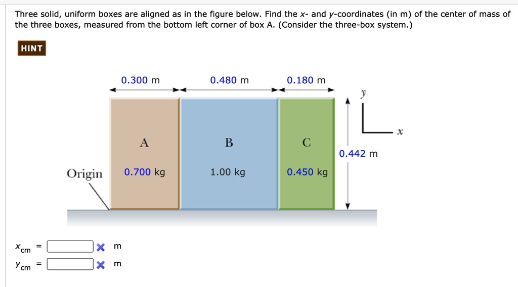 SOLVED: Three solid, uniform boxes are aligned as shown in the figure below. Find the X- and Y ...