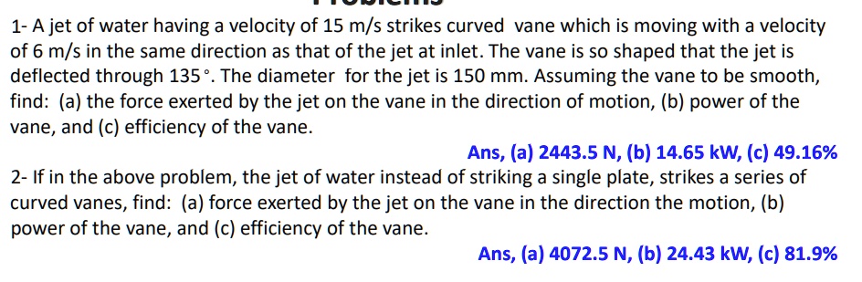 1- A jet of water having a velocity of 15 m/s strikes curved vane which ...