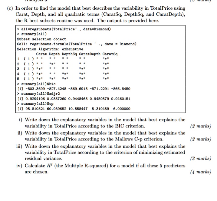 SOLVED: In order to find the model that best describes the variability in TotalPrice using Carat ...
