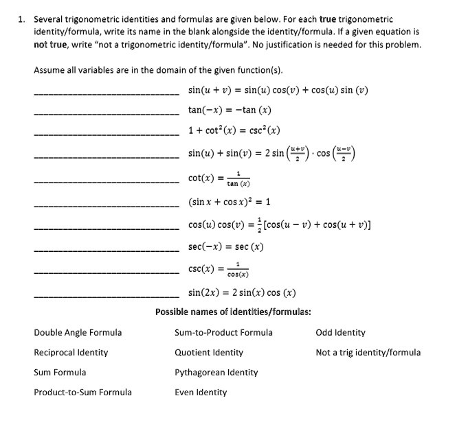 SOLVED: Several trigonometric identities and formulas are given below ...