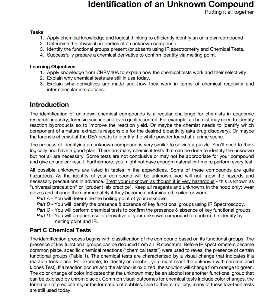 SOLVED: Identification of an Unknown Compound: Putting it all together ...