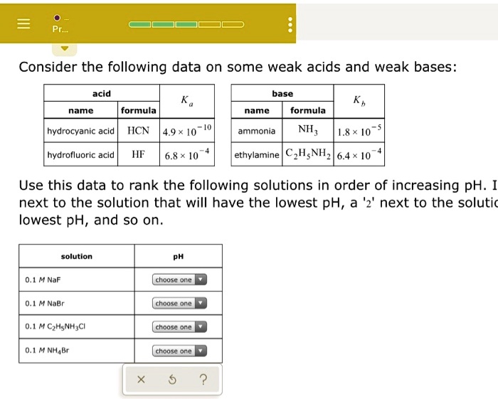 SOLVED:Consider the following data on some weak acids and weak bases: acid base name formula ...