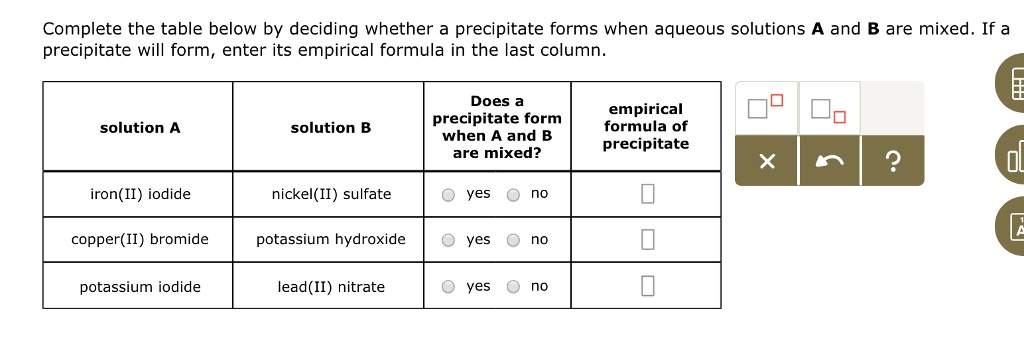 SOLVED: Complete the table below by deciding whether a precipitate forms when aqueous solutions ...