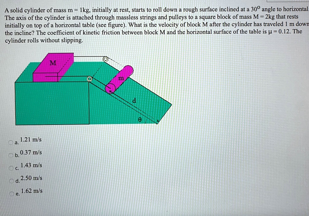 SOLVED: 'A solid cylinder of mass m = Ikg; initially at rest; starts to roll down a rough ...