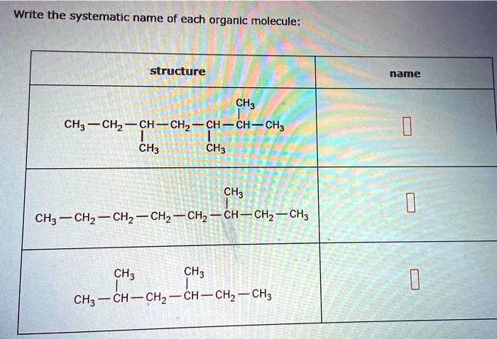 SOLVED: Write the systematic name of each organic molecule: Structure ...