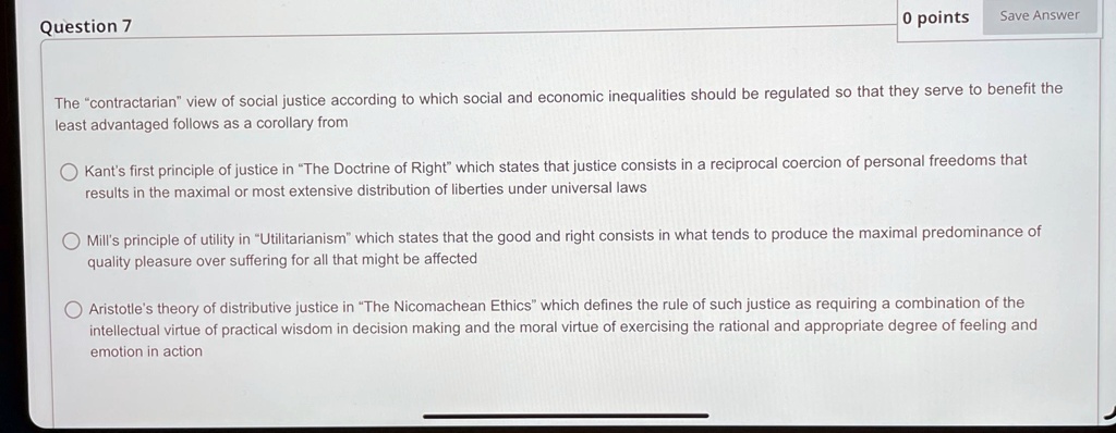 SOLVED: The "contractarian" view of social justice according to which ...
