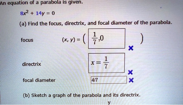 SOLVED: An equation of a parabola iS given 8x2 14y = 0 (a) Find the focus, directrix, and focal ...
