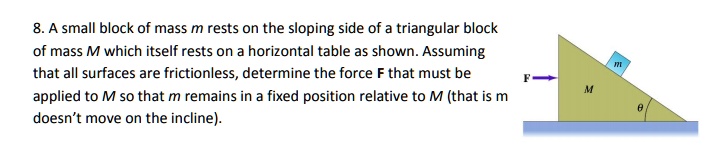 SOLVED: A small block of mass m rests on the sloping side of a triangular block of mass M which ...