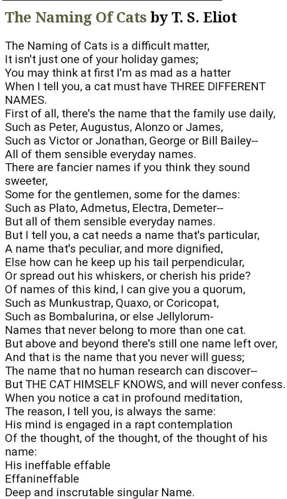 mcq questions of the poem naming of cats 44926