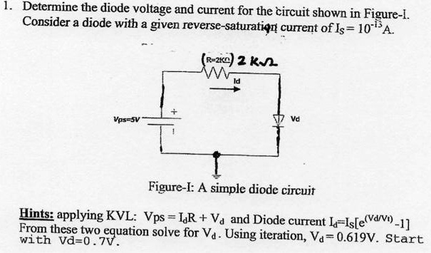 1. Determine the diode voltage and current for the circuit shown in Figure-I. Consider a diode ...