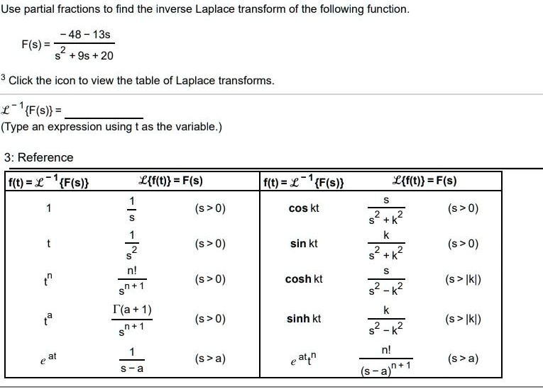 SOLVED: Use partial fractions to find the inverse Laplace transform of the following function 48 ...
