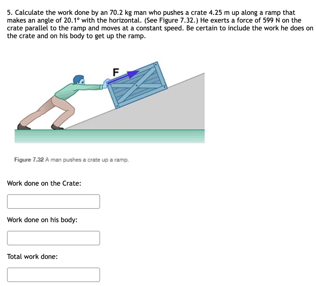 SOLVED: 5. Calculate the work done by an 70.2 kg man who pushes a crate ...