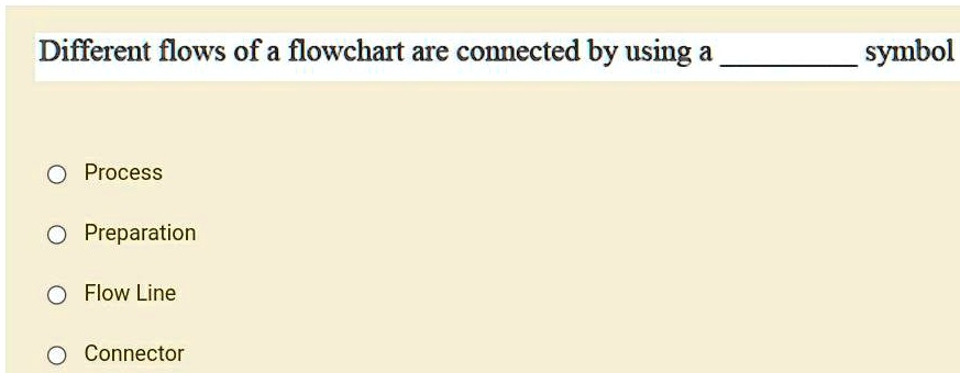 SOLVED: choos Different flows of a flowchart are connected by using symbol Process Preparation ...