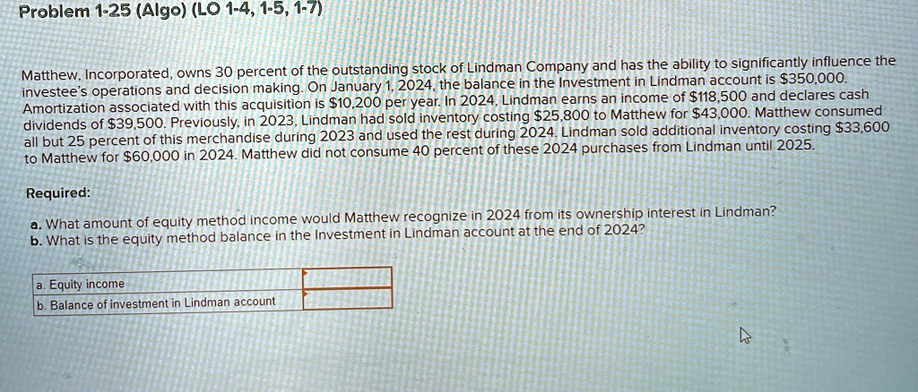 Problem 1-25 (Algo) (LO 1-4, 1-5, 1-7) Matthew, Incorporated, owns 30 ...