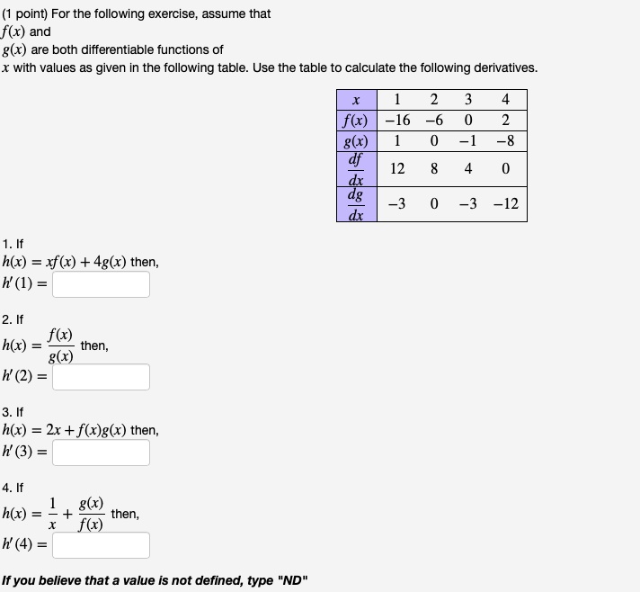 SOLVED: point) For the following exercise assume that f(x) and g(r) are both differentiable ...