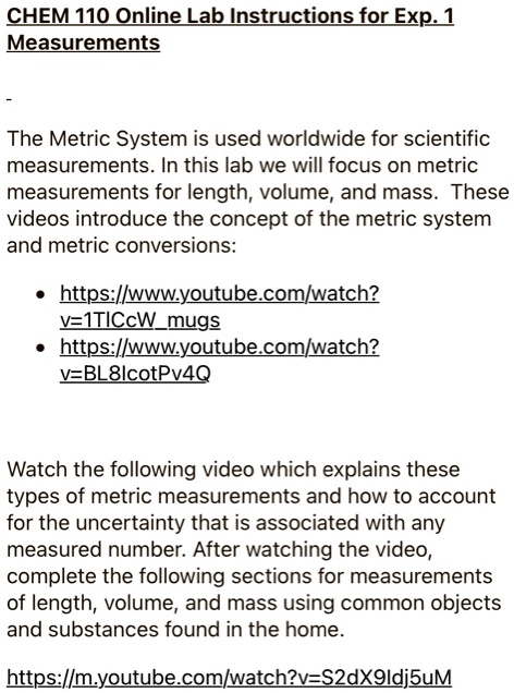 chem 110 online lab instructions for exp 1 measurements the metric ...