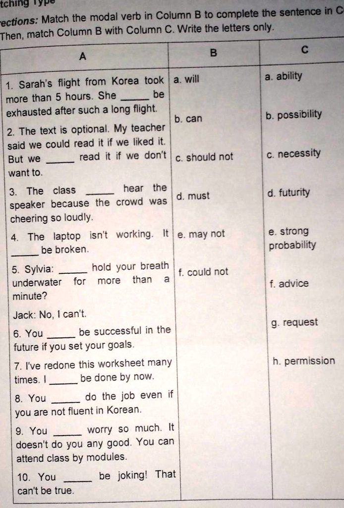directions match the model verb in column b to complete the sentence in columna then match ...