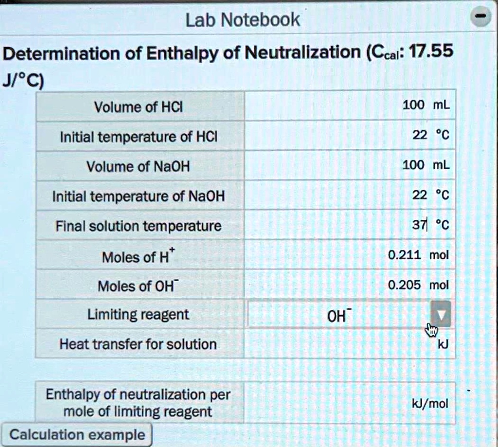 Lab Notebook Determination of Enthalpy of Neutralization (Ccal: 17.55 J ...