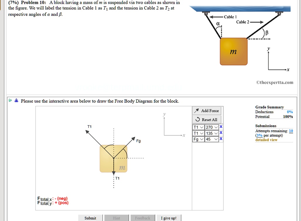 79 problem 10 a block having mass of m is suspended via two cables as shown in the figure we ...