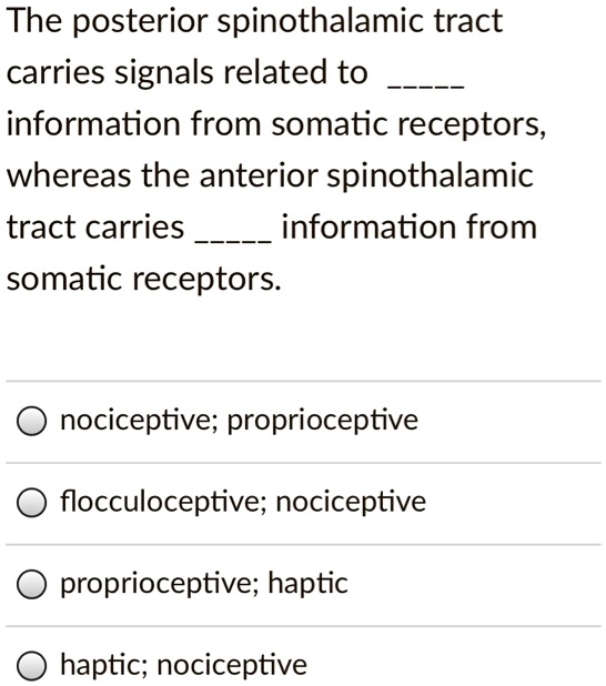 SOLVED: The posterior spinothalamic tract carries signals related to ...