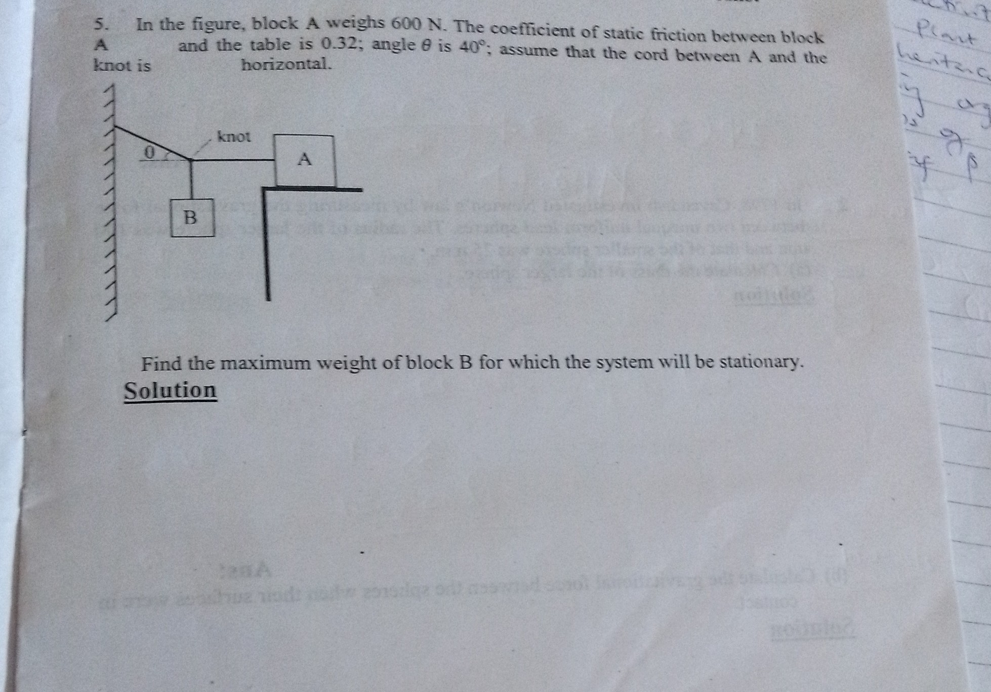 5. In the figure, block A weighs 600 N. The coefficient of...