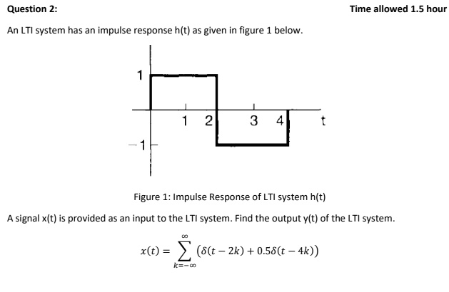SOLVED: Question 2: Time allowed: 1.5 hours An LTI system has an impulse response h(t) as given ...