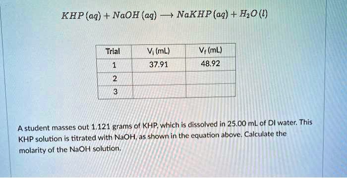 SOLVED: KHP (aq) + NaOH (aq) NaKHP (aq) + HzO () Trial Vi (mL) 37.91 V; (mL) 48.92 student ...