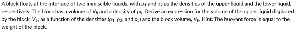 A block floats at the interface of two immiscible liquids,...