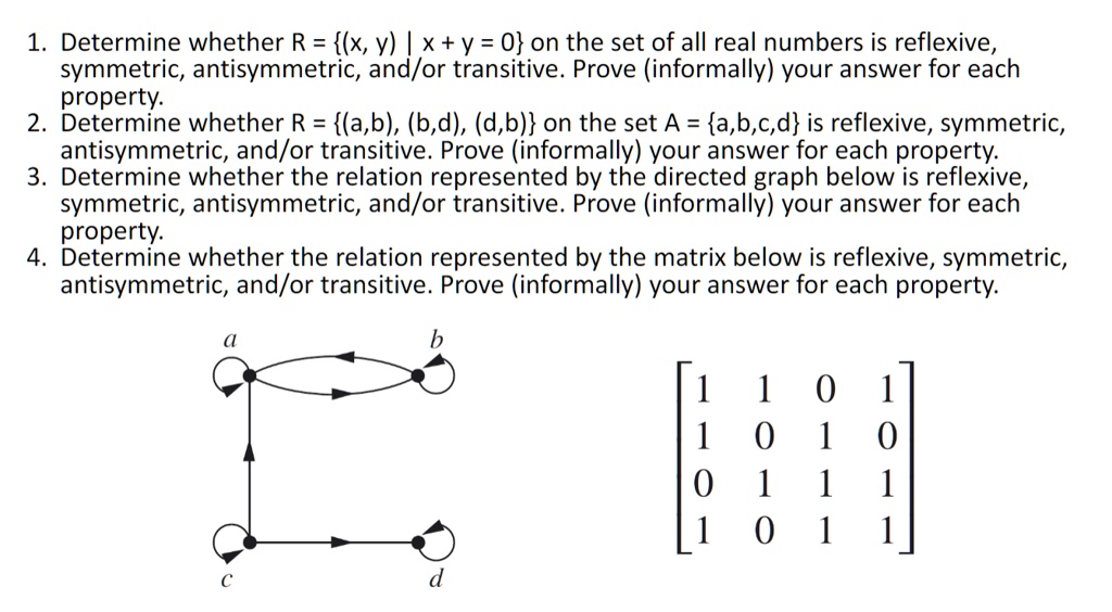 SOLVED: 1. Determine whether R = (x, y) I x + y = 0 on the set of all real numbers is reflexive ...