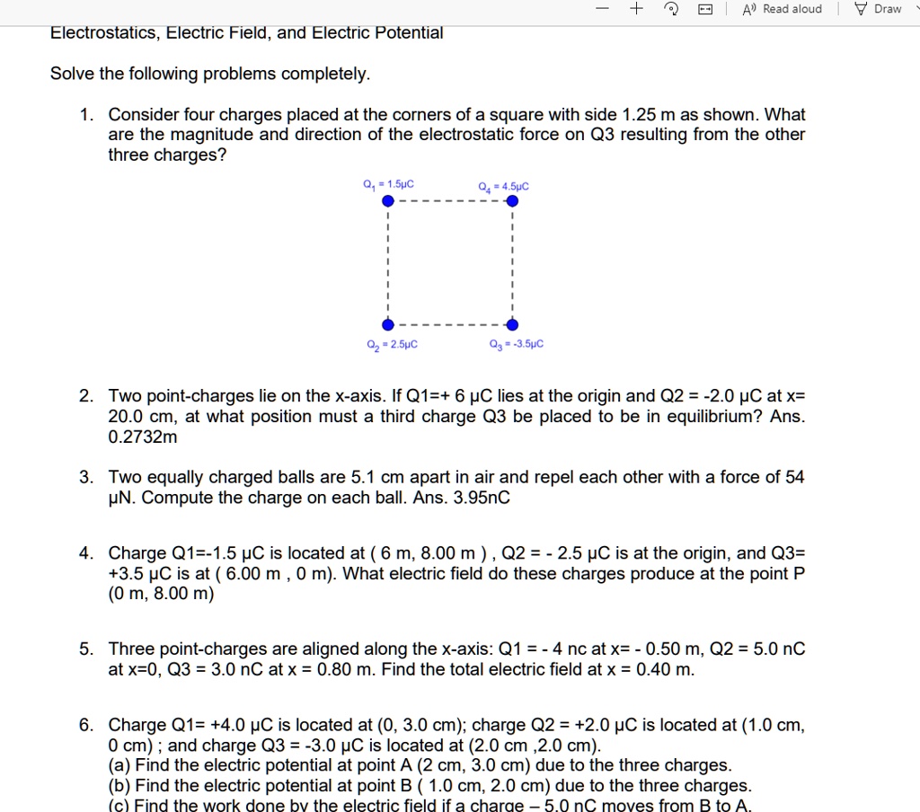SOLVED: Electrostatics, Electric Field, and Electric Potential Solve the following problems ...