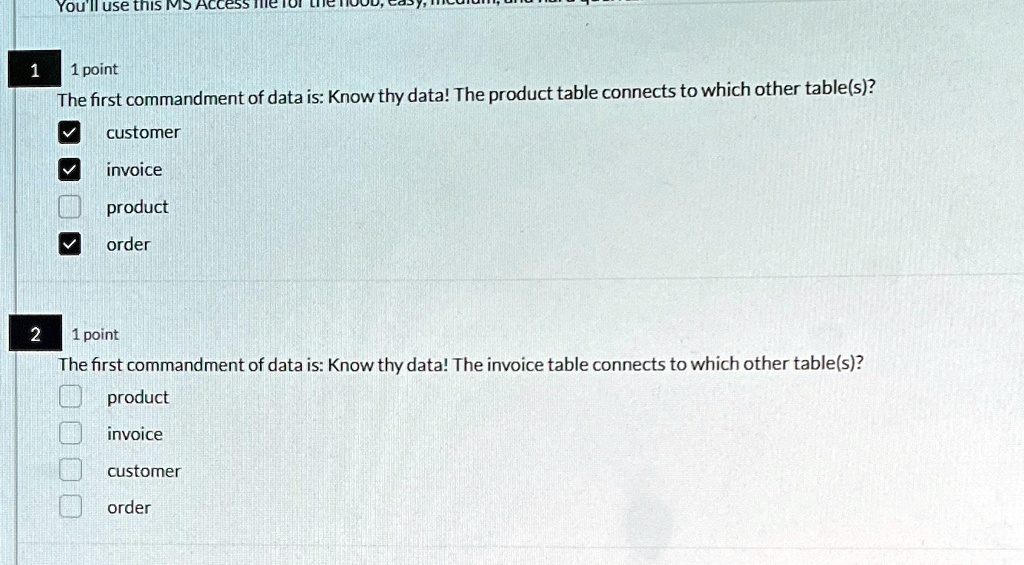 1 1 point The first commandment of data is: Know thy data! The product ...