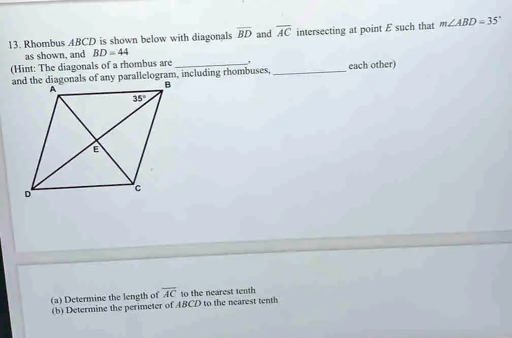 Point E is such that mLABD = 35Â°. Rhombus ABCD is shown below with ...
