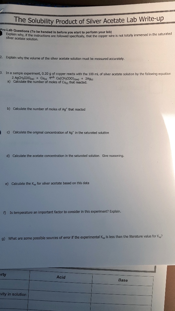 SOLVED: The Solubility Product of Silver Acetate Lab Write-Up Pre-Lab Questions (To be handed in ...