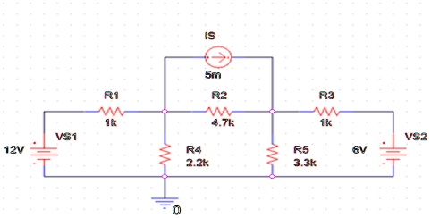 IS 5m R1 1k R2 4.7k R3 1k VS1 12V R4 2.2k R5 3.3k VS2 6V 0