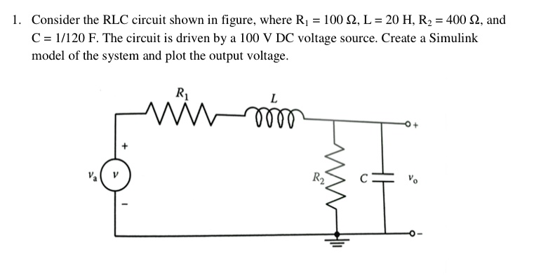 SOLVED: Consider the RLC circuit shown in the figure, where R = 100 Î©, L = 20 H, and C = 1/120 ...