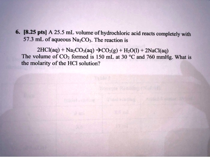 SOLVED: A 25.5 mL volume of hydrochloric acid reacts completely with 57.3 mL of aqueous Na2CO3 ...