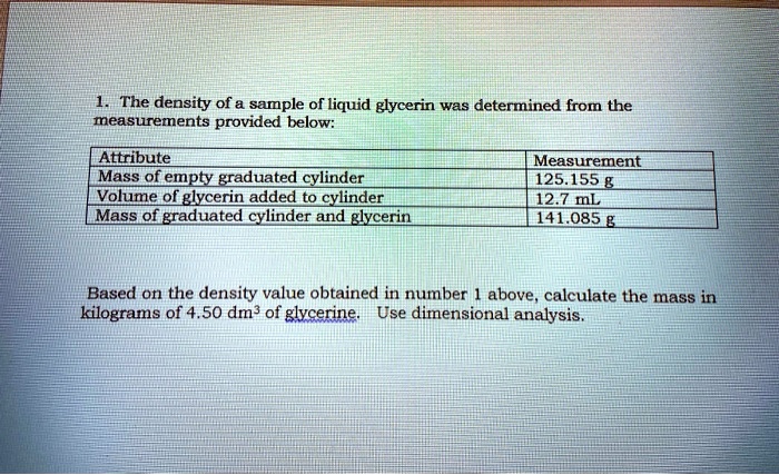 SOLVED: The density of a sample of liquid glycerin was determined from the measurements provided ...