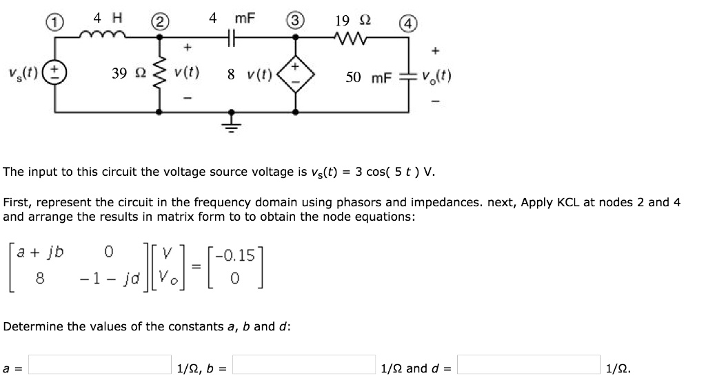 SOLVED: The input to this circuit is the voltage source vs(t) = 3 cos(5t) V. First, represent ...