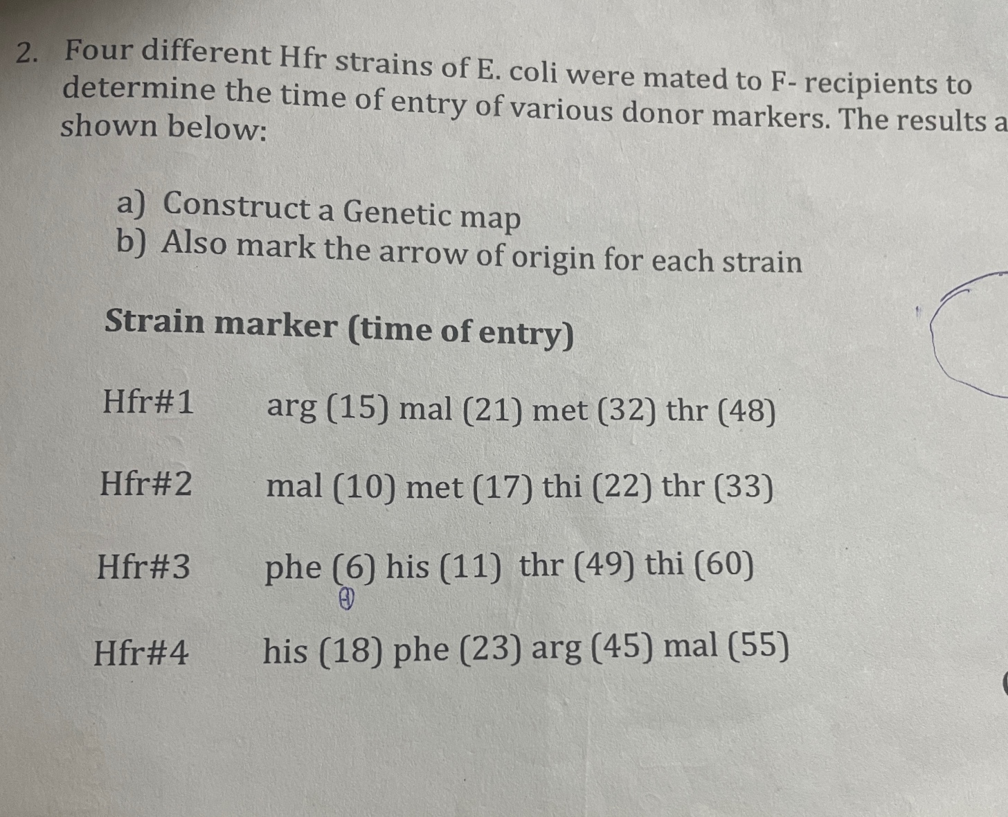 2 four different hfr strains of e coli were mated to f recipients to ...