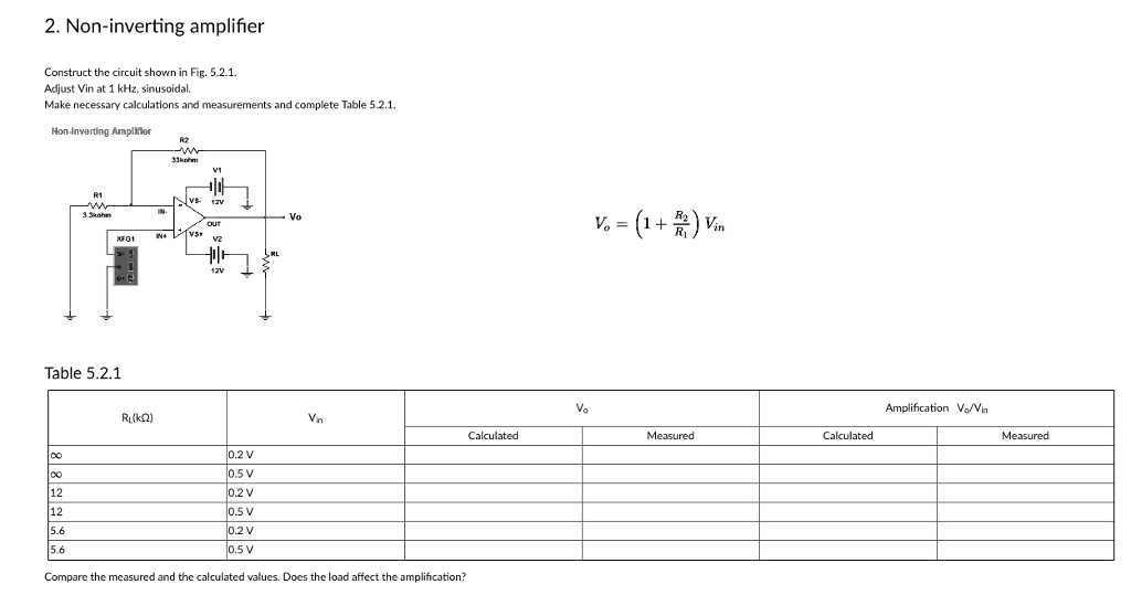 SOLVED: 2. Non-inverting amplifier Construct the circuit shown in Fig. 5.2.1. Adjust Vin at 1 ...