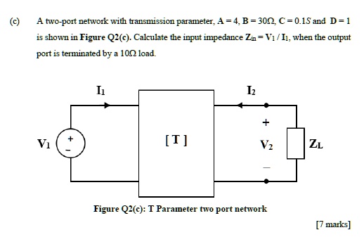 (c) A two-port network with transmission parameter, A = 4, B = 30Ω, C ...