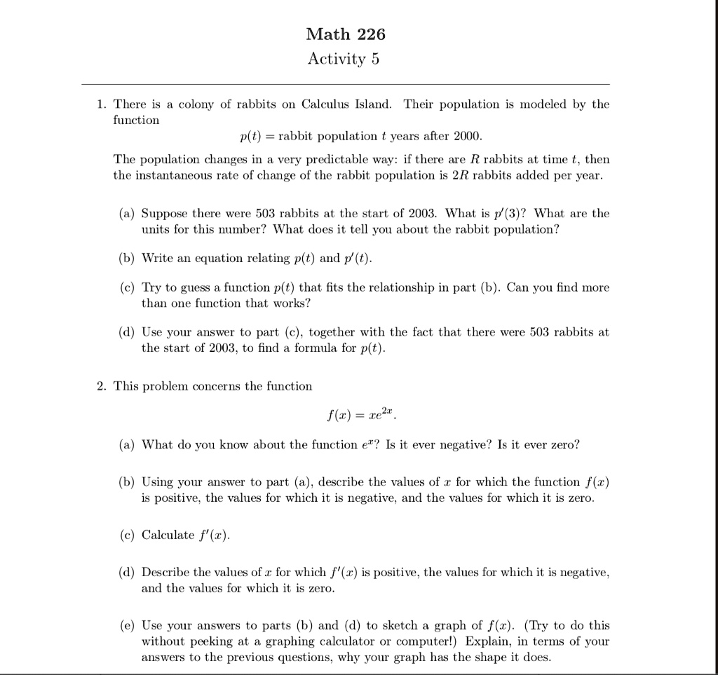 math 226 activity 5 there is function colony of rabbits o calculus island their population is ...