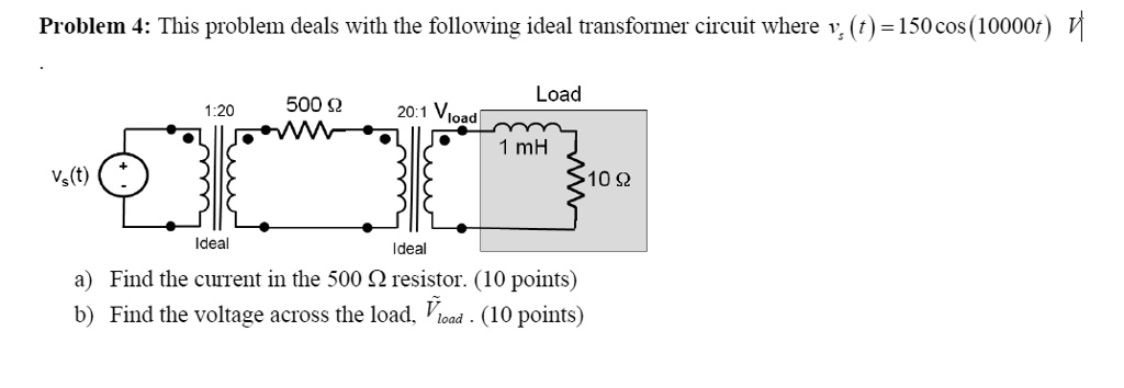 Problem 4: This problem deals with the following ideal transformer circuit where vs(t) = 150 cos ...